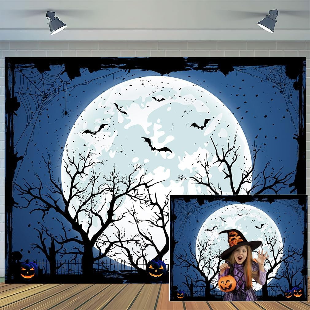 10 x 8 ft Happy Halloween Blue Backdrop Bat Scary Pumpkin Lantern Full ...