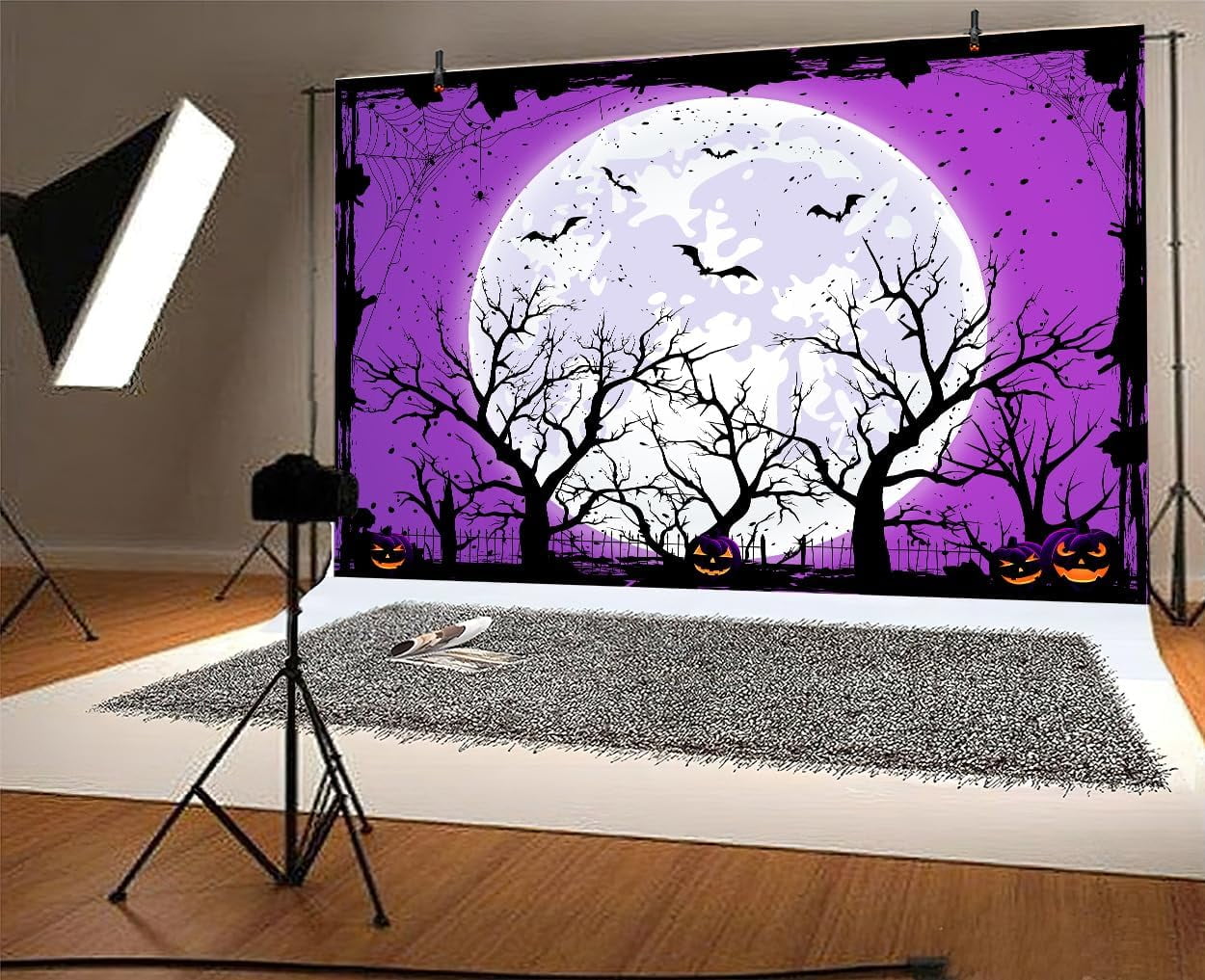 10 x 8 ft Happy Halloween Purple Backdrop Bat Scary Pumpkin Lantern ...