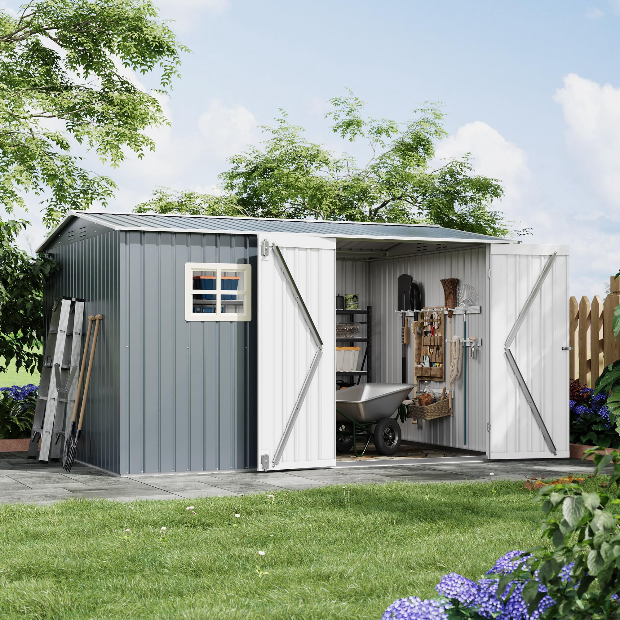 10 x 8 ft Metal Outdoor Storage Shed with Lockable Double Doors, Window ...