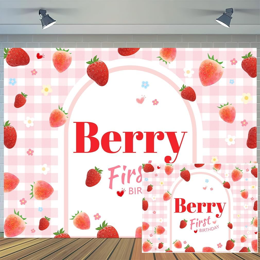 10 x 8 ft Pink Gingham Berry First Birthday Backdrop Berry Sweet Girls ...