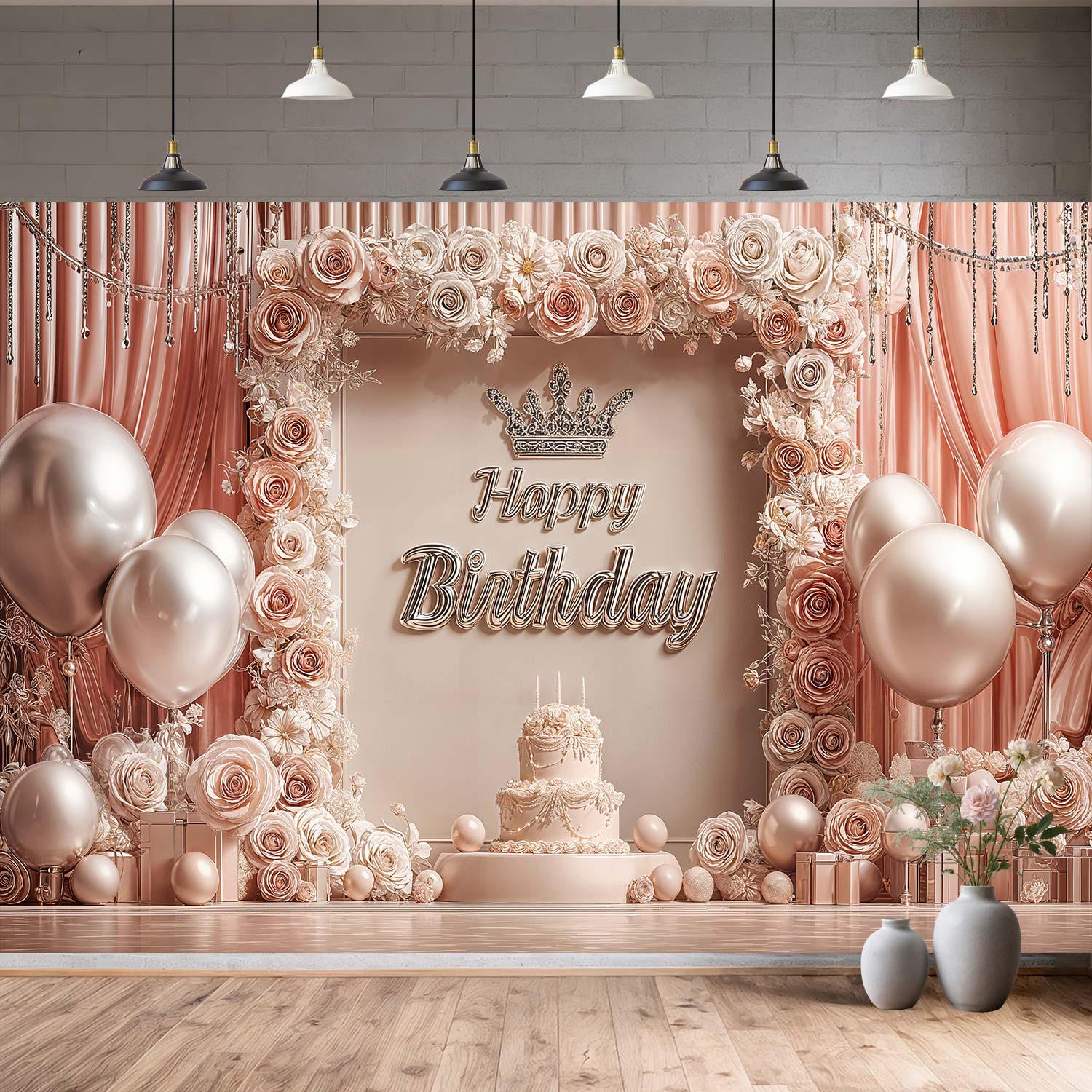 10 x 8 ft Pink Princess Happy Birthday Backdrop Glittering Silver ...