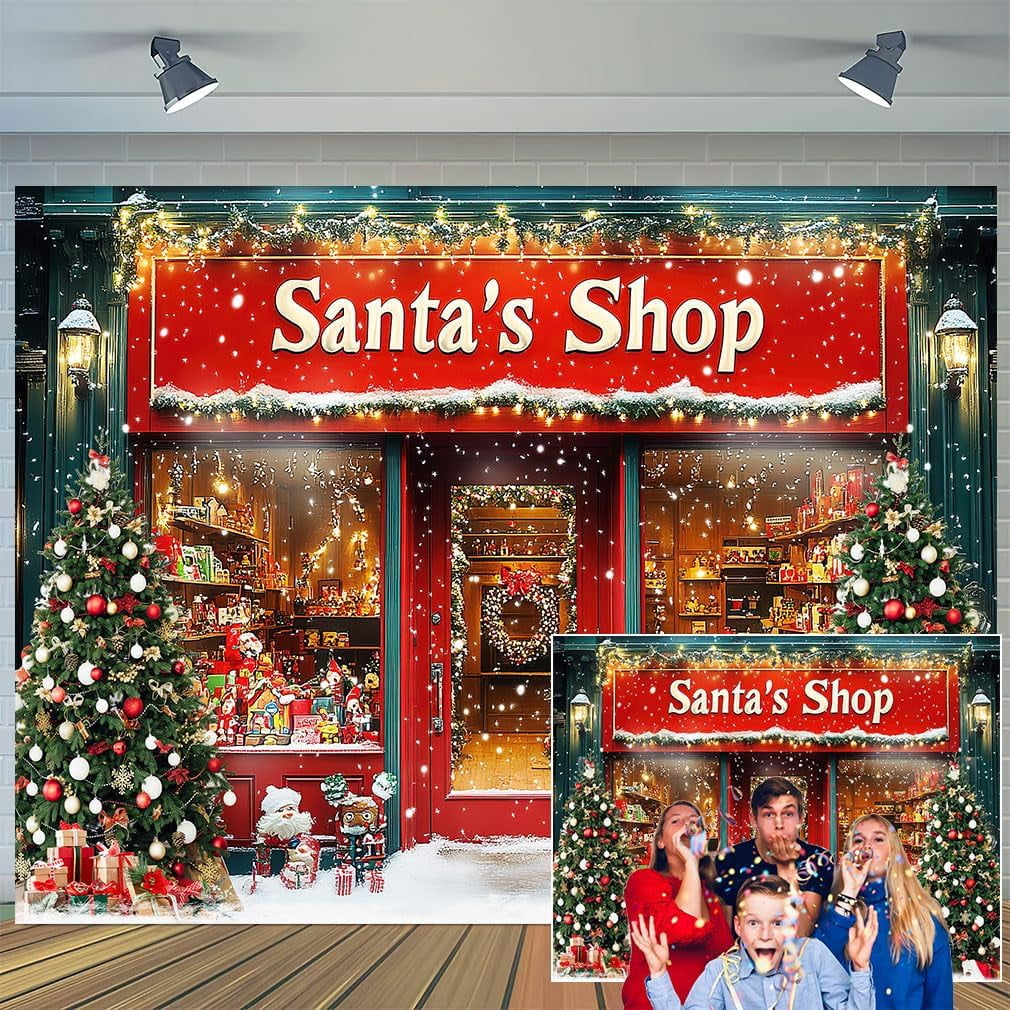 10 x 8 ft Red Christmas Photo Backdrop Santa's Toy Shop Photography Background Xmas Tree Gift ...