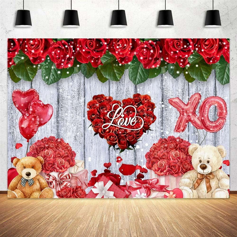 10 x 8 ft Valentine's Day Backdrop Vintage Wood Red Roses White Wall ...