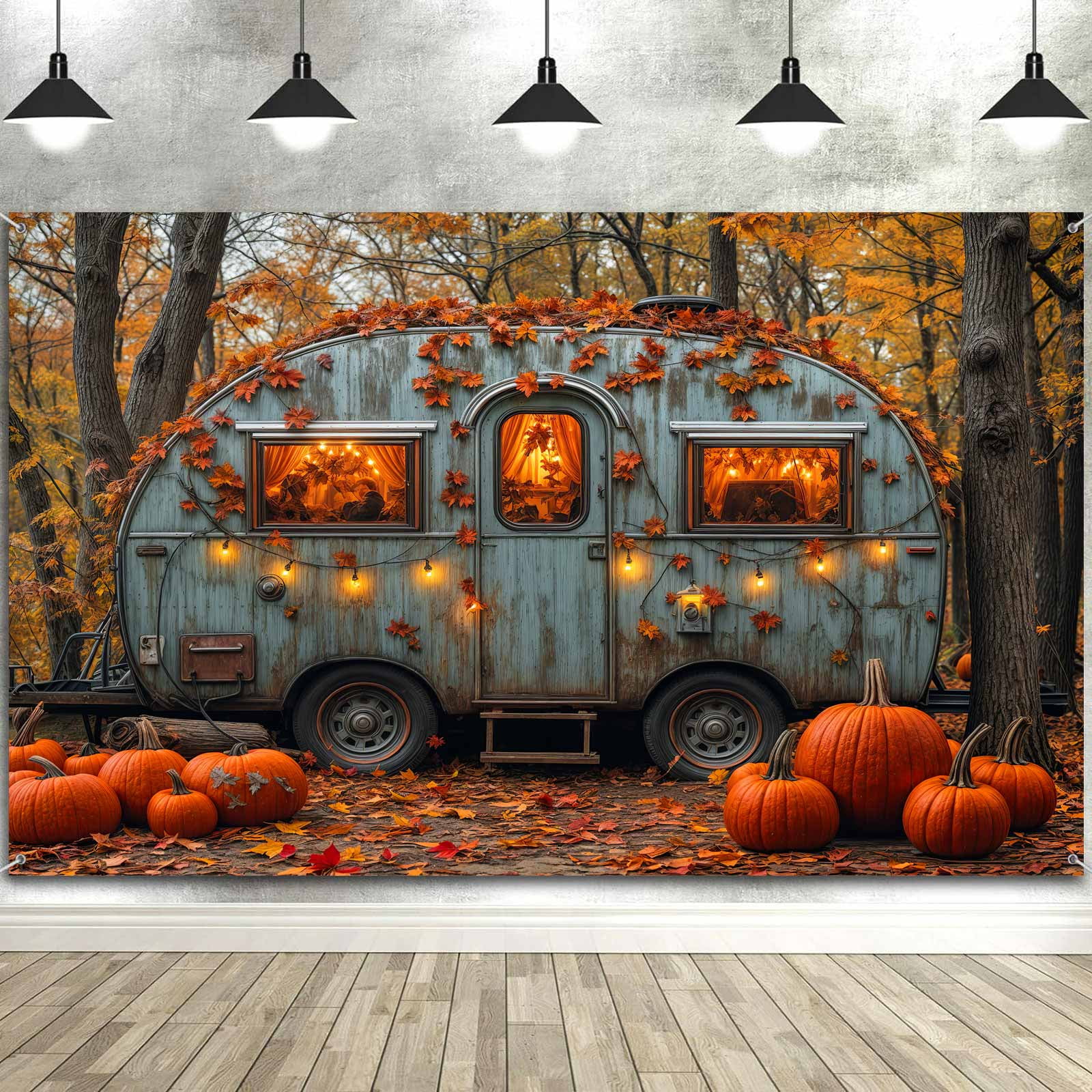 10 x 8 ftFall RV Backdrop Autumn Pumpkin Blue RV Maple Forest Fallen ...