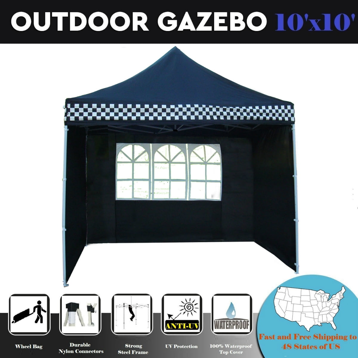 10'x10' Pop Up 4 Wall Party Tent Canopy Gazebo Ez Black Checker - F ...
