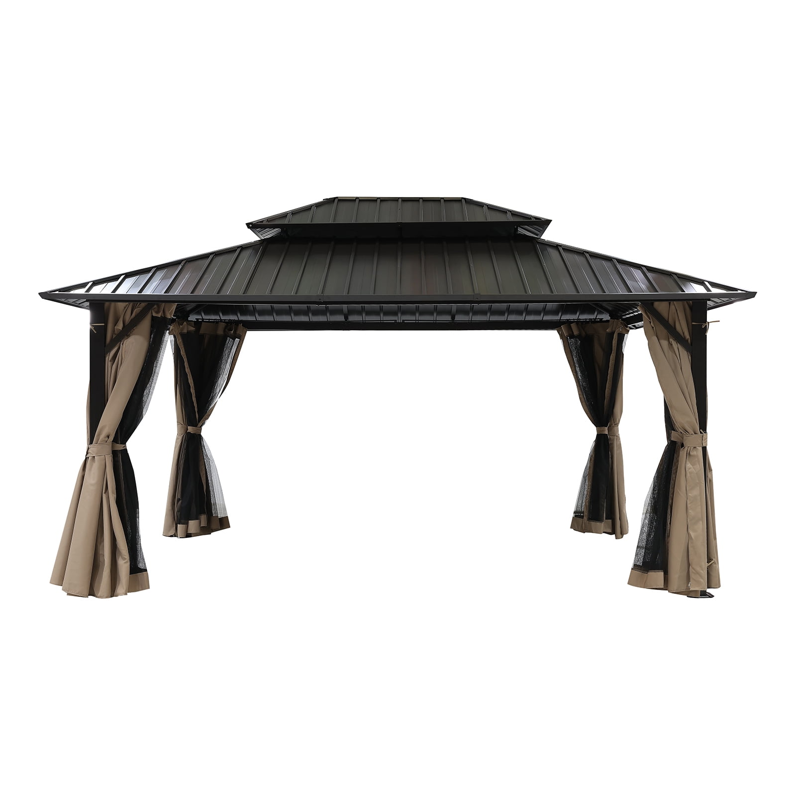 10'x12' Hardtop Gazebo with Double Roof & Mosquito Netting, Khaki All ...