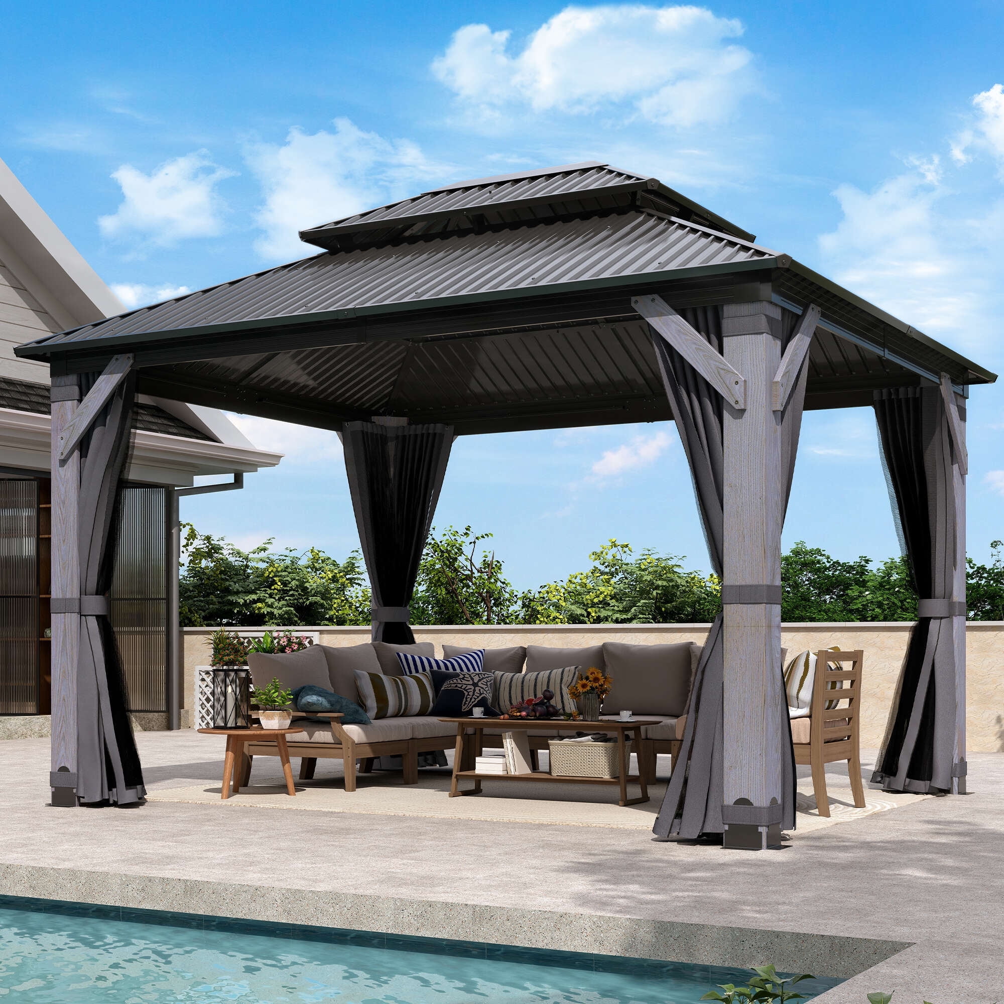 10'x12' Wood Gazebo, Outdoor Hardtop Gazebo with Wood Posts and ...