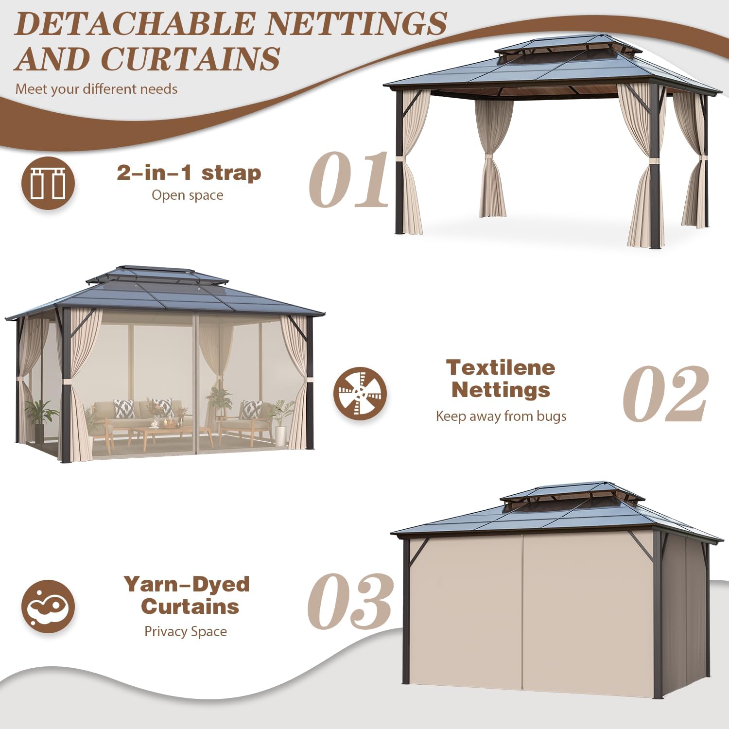 10'x13' Gazebo with Polycarbonate Double Roof, Aluminum Frame, Netting ...