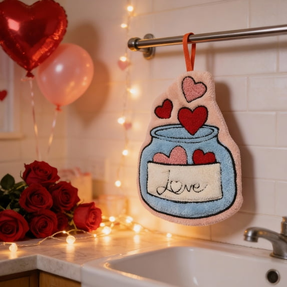10"x7" Corals Fleece Hanging Hand Towel With Heart, Soft Absorbent Dish ...
