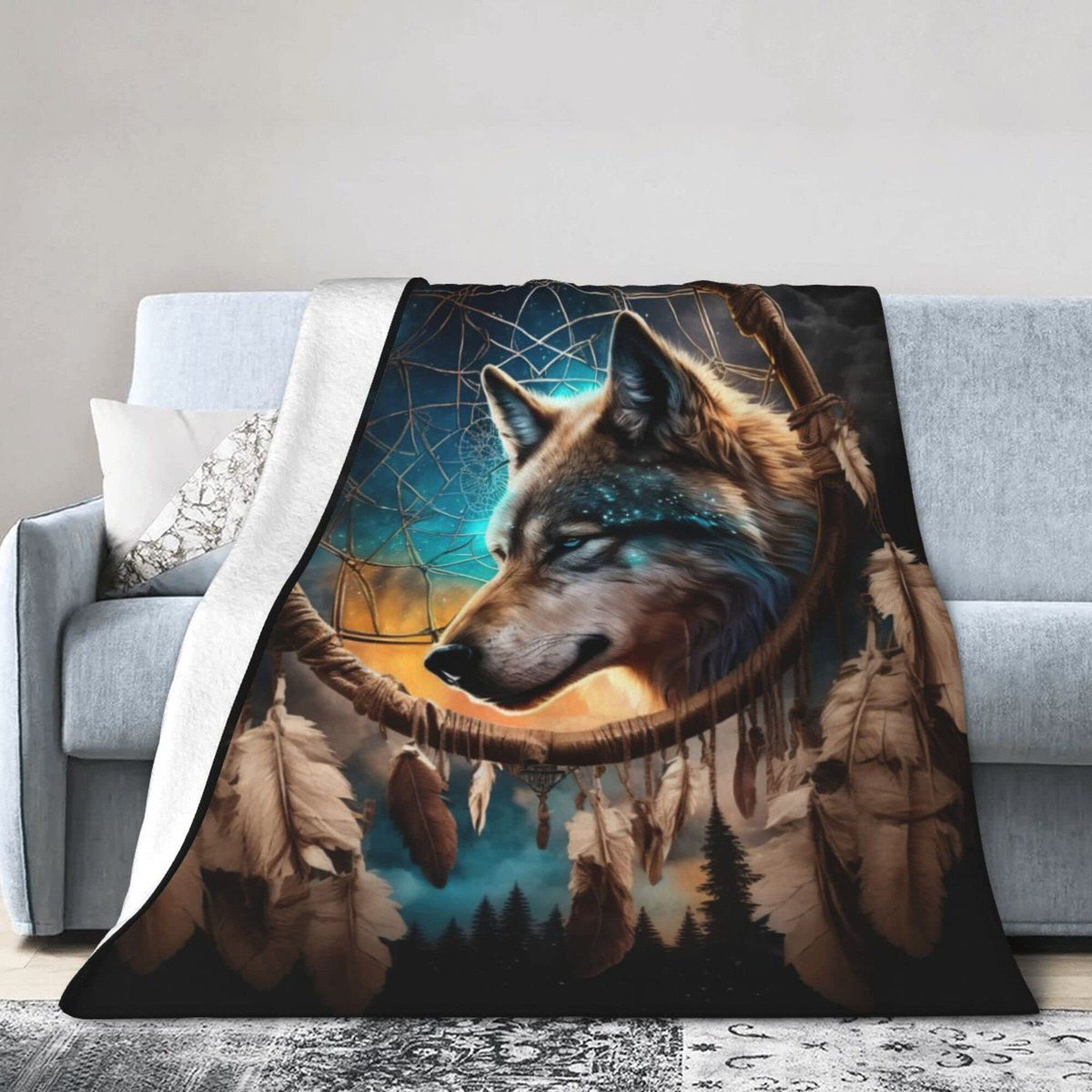 100*130cmManta De Franela Con Diseño De Lobo Con Tótem Indio Para Sof ...