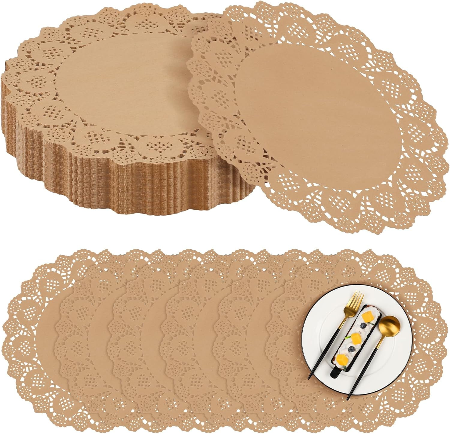 100/200/300 Pack Round Brown Kraft Paper Doilies 13.5 Inches Lace Paper ...