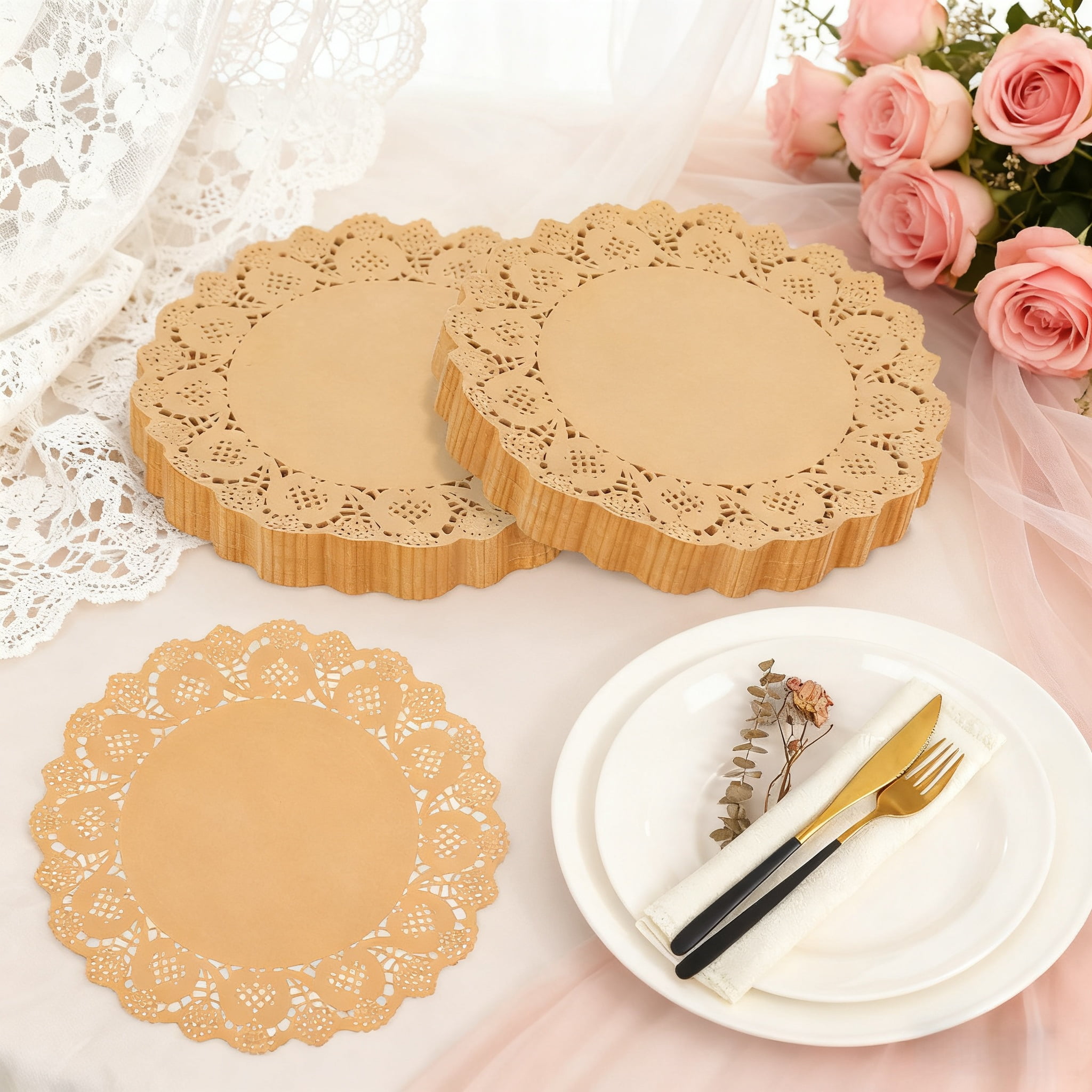 100/200/300 Pack Round Brown Kraft Paper Doilies 13.5 Inches Lace Paper ...