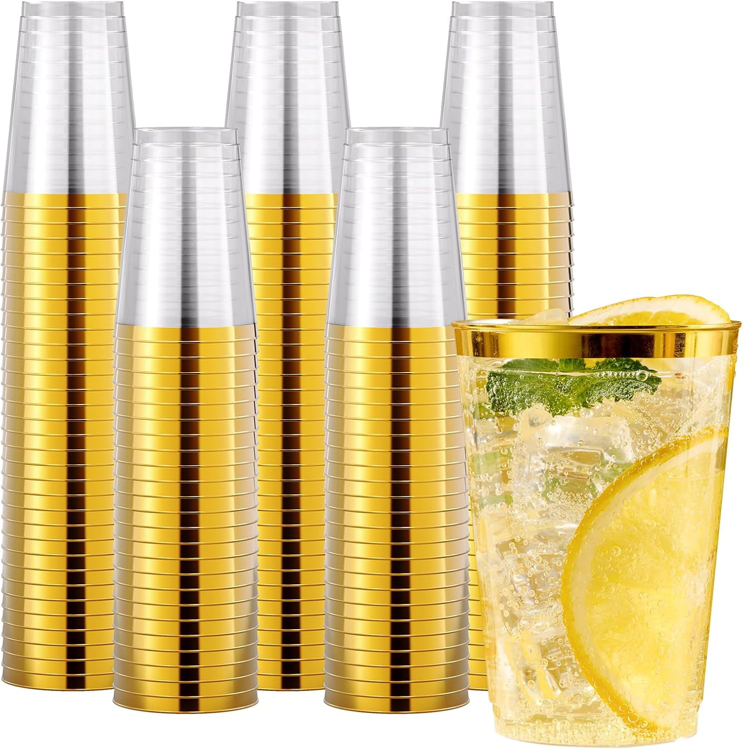 100/200 Pack 12 oz Gold Plastic Cups, Elegant Gold Rim Disposable Cups ...