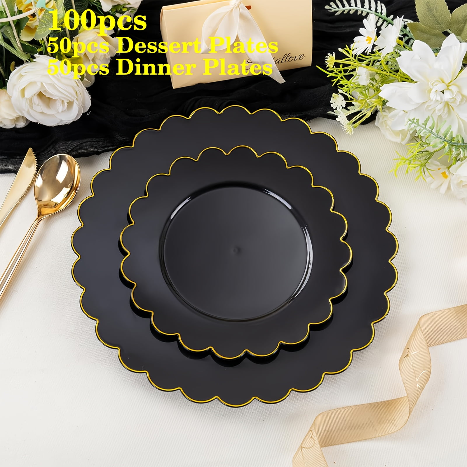 100/200pcs Cream And Golden Plates, Cream Plastic Plates, Cream Plastic ...