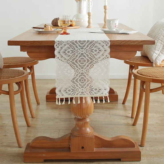 100×30 cm White Lace Tassel Table Runner – Elegant Polyester Tablecloth ...