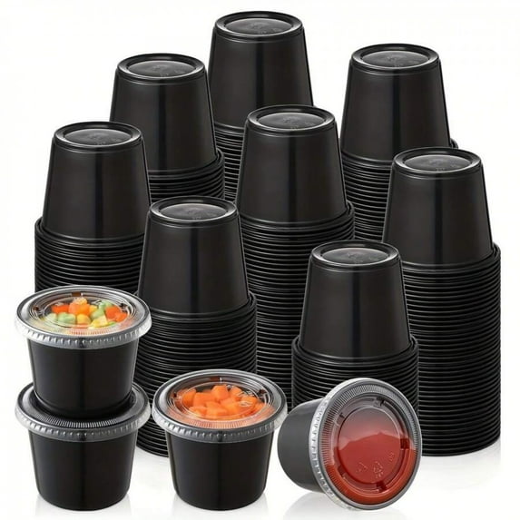 100-4 Oz Black Portion Cups, Small Plastic Containers With Lids ...