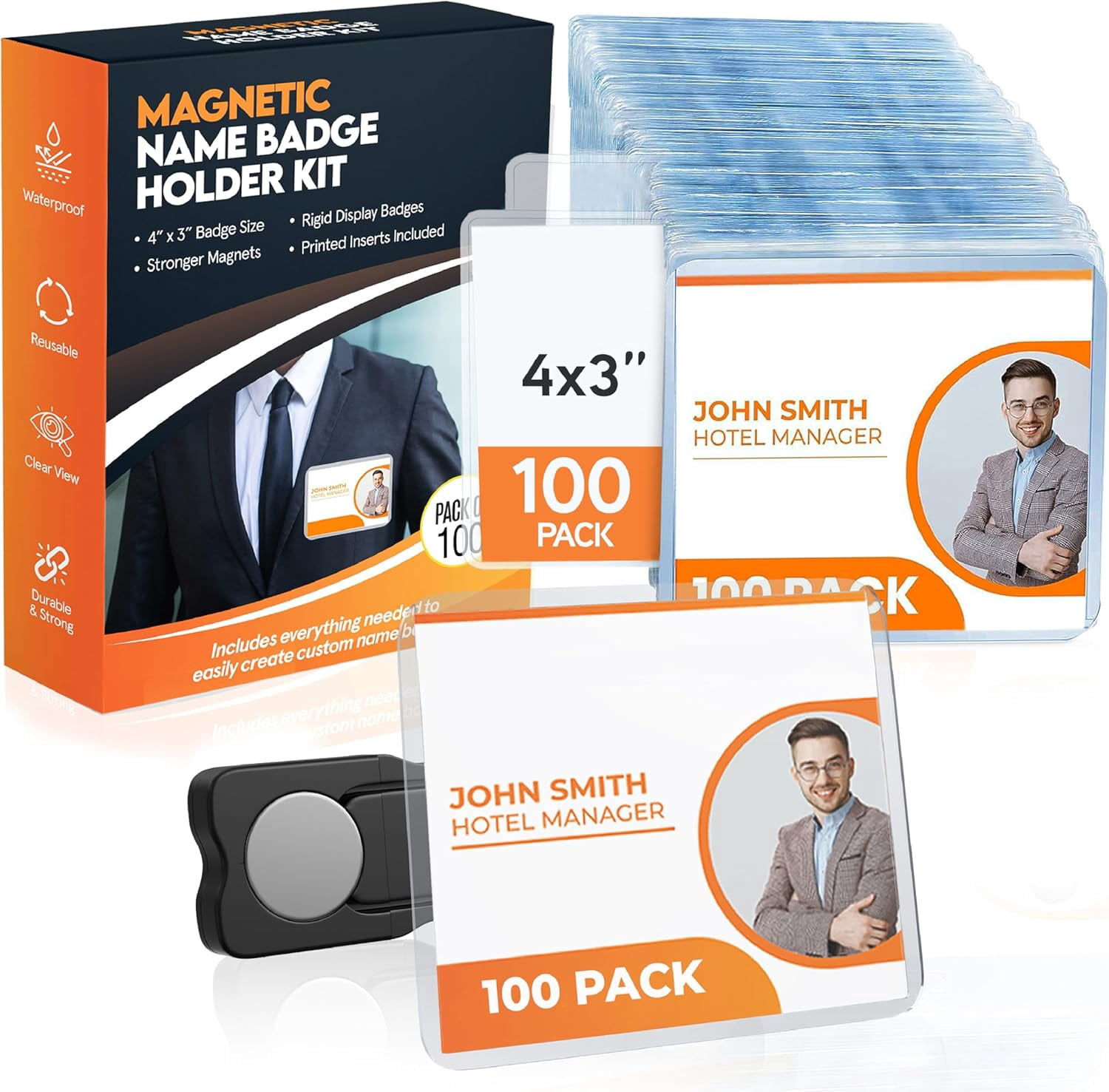 100 of 4x3 Name Badge Holders (White Printable Inserts Included ...