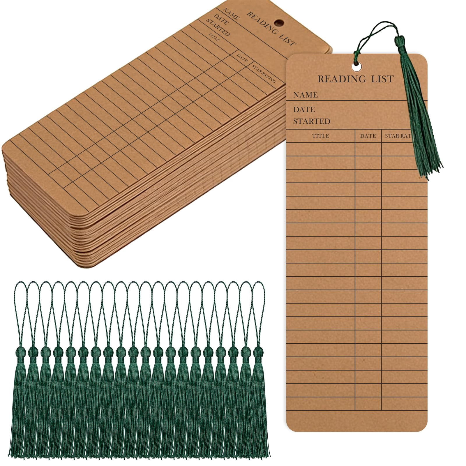 100 50 Elegant Reading List Bookmarks With 50 Dark Green Tassels 3x8 ...