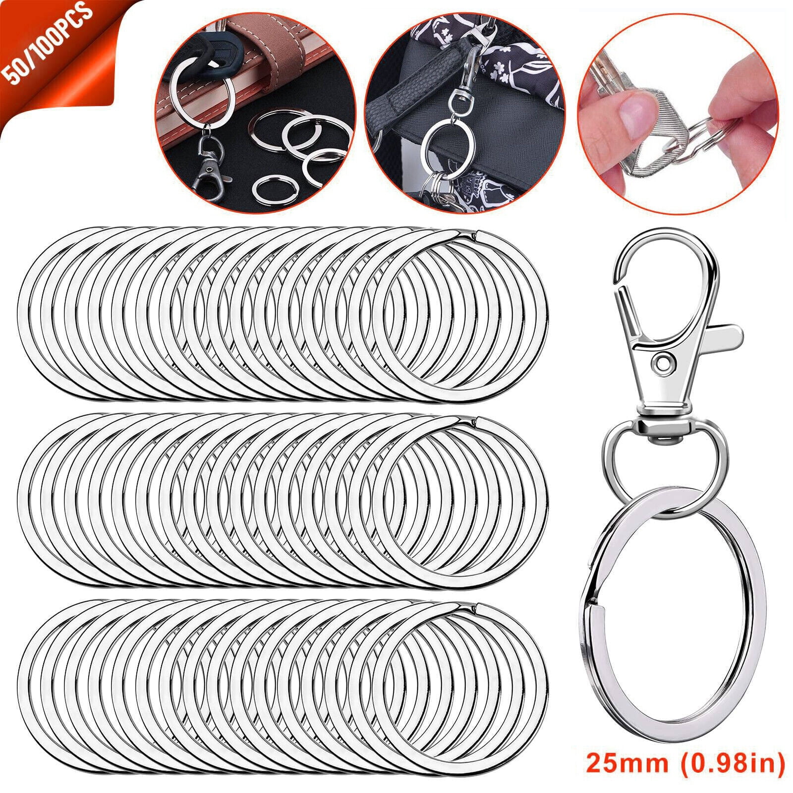 100/50 PCS Stainless Steel Key Rings Split Hoop-30/25/20mm DIY Flat ...