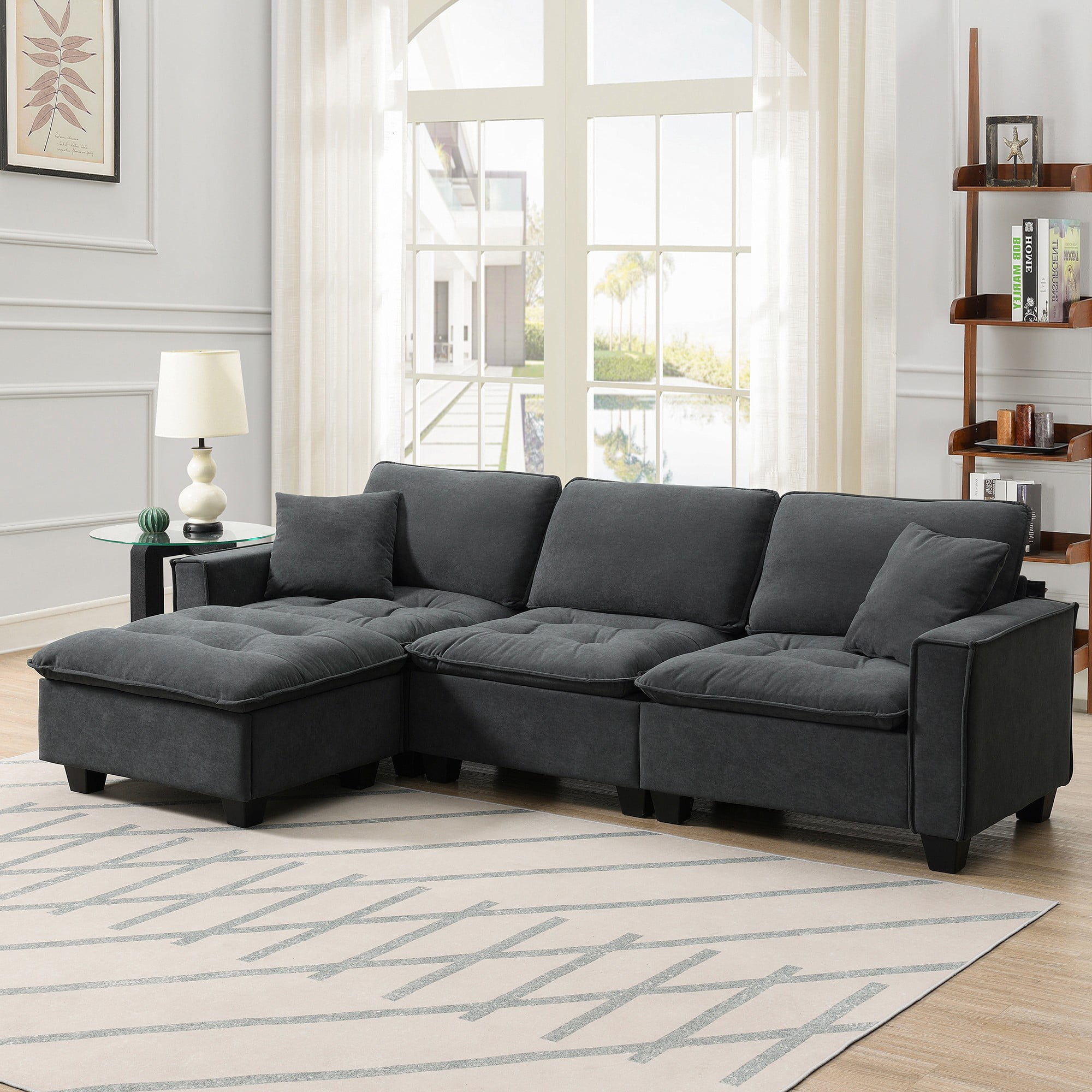 100*59" Modern Convertible Sectional Sofa, L-shaped Reversible Couch Set with Free Pillows, 4 ...