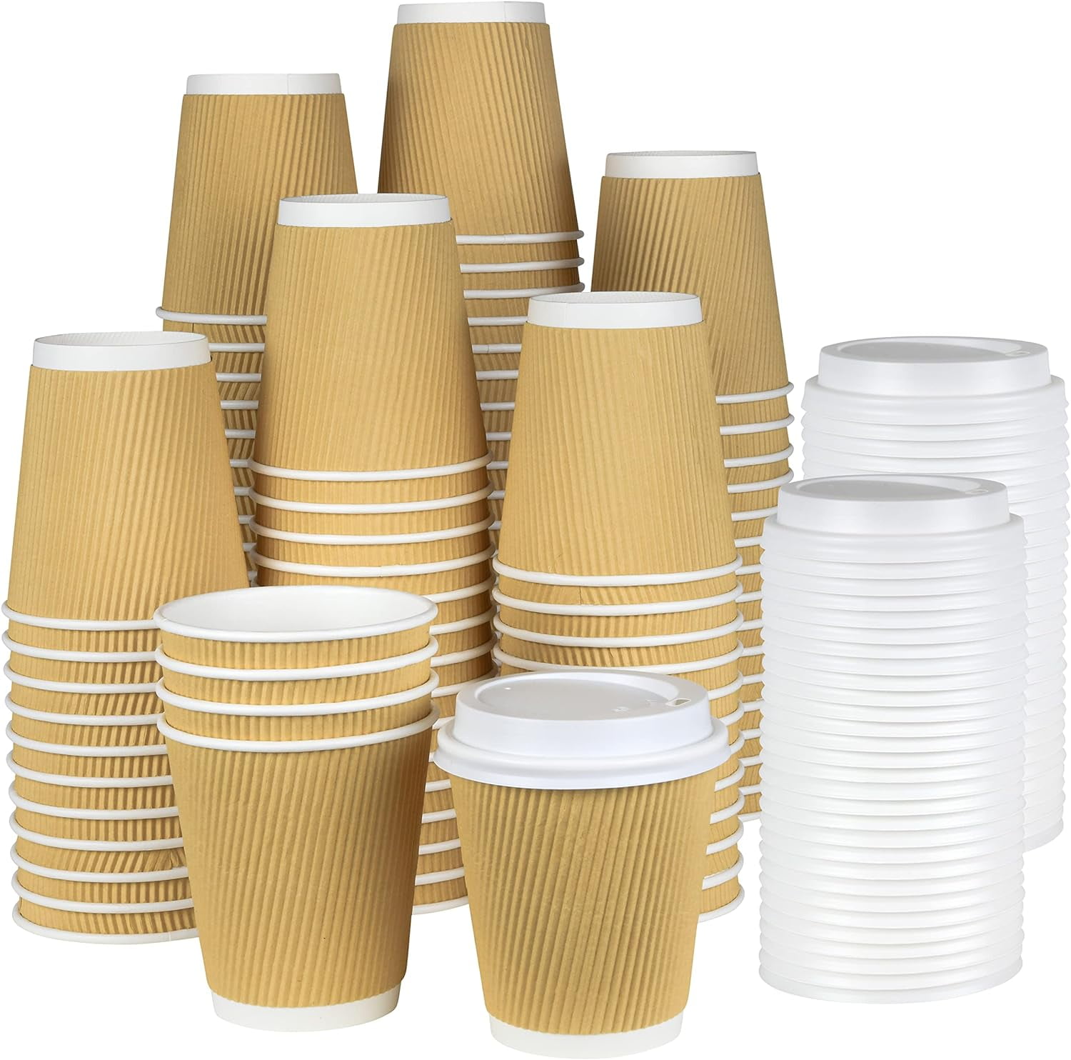 100 8 oz Ripple Kraft Paper Cups Brown Hot Cold with Lids 3 Layer ...