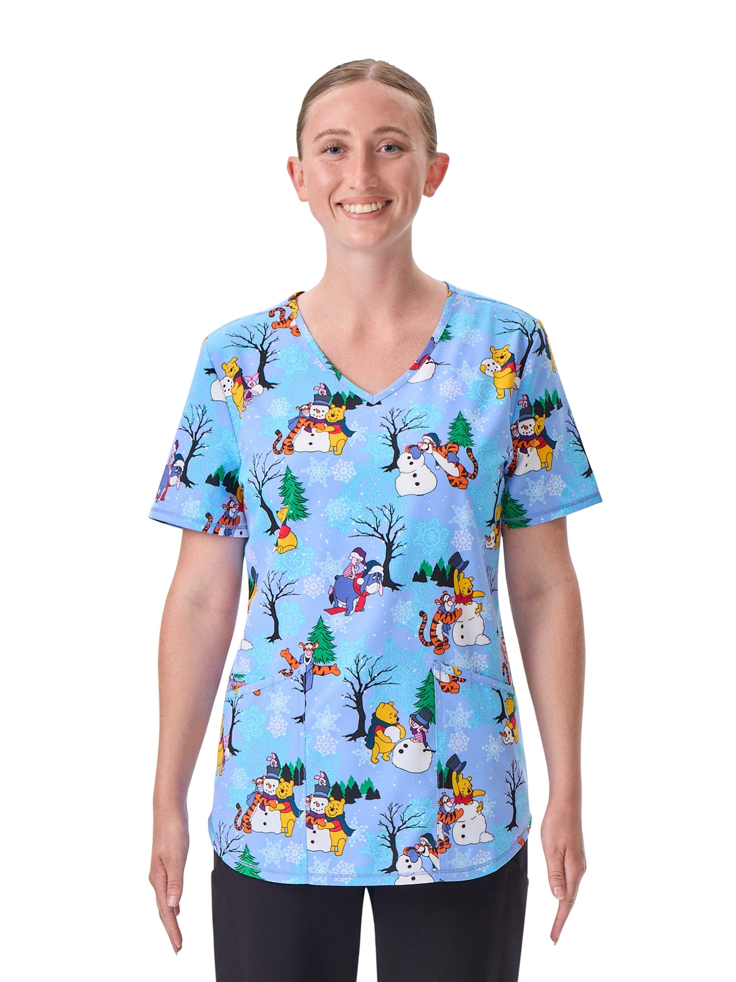 100 Acre Snow Day Women's V-Neck Print Scrub Top, Sizes XS-3XL ...