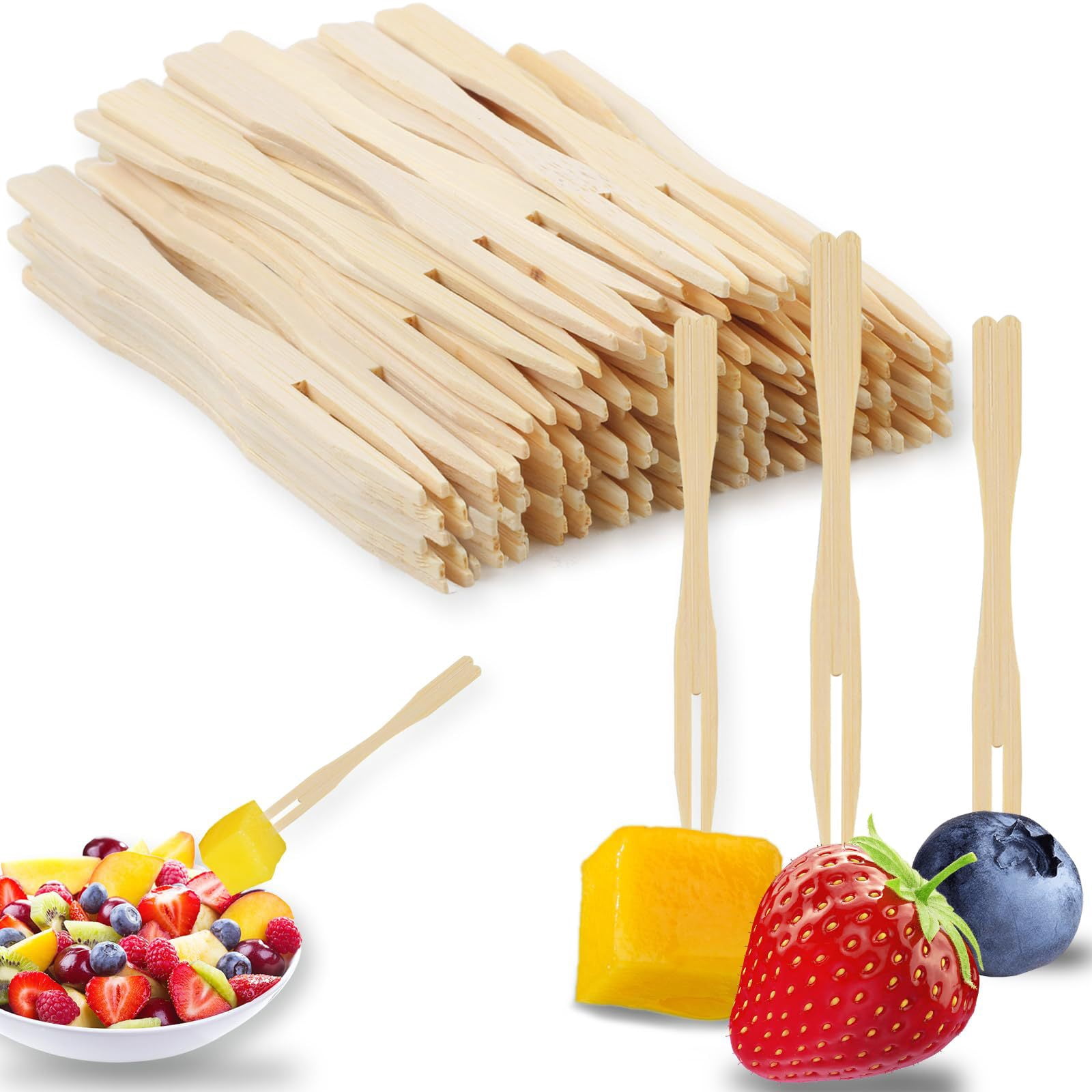 100 Bamboo Appetizer Forks, 3.5" Disposable Bamboo Fork for Charcuterie ...