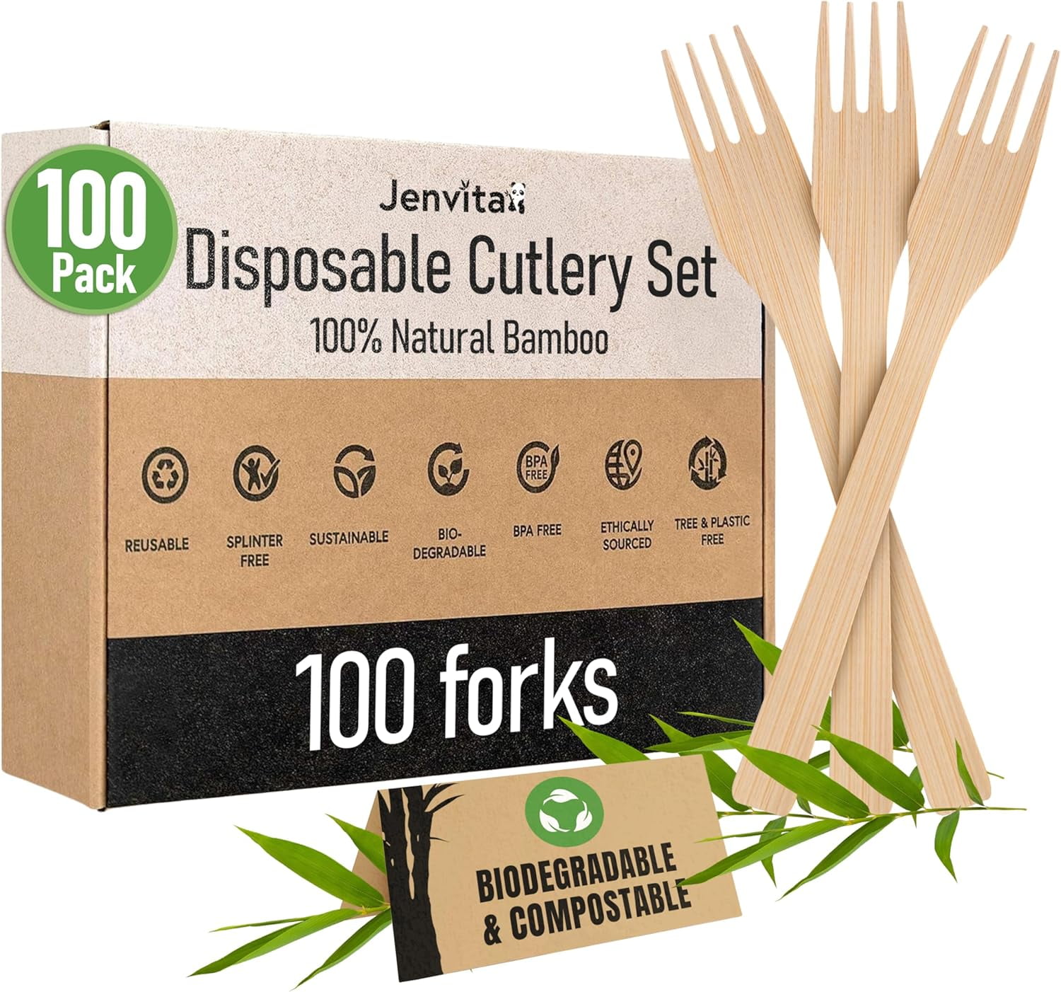 100% Bamboo Forks Set - High End Disposable Cutlery (100 Biodegradable ...
