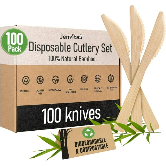 100% Bamboo Knives Set - 100 Biodegradable Utensils (100 Knives ...