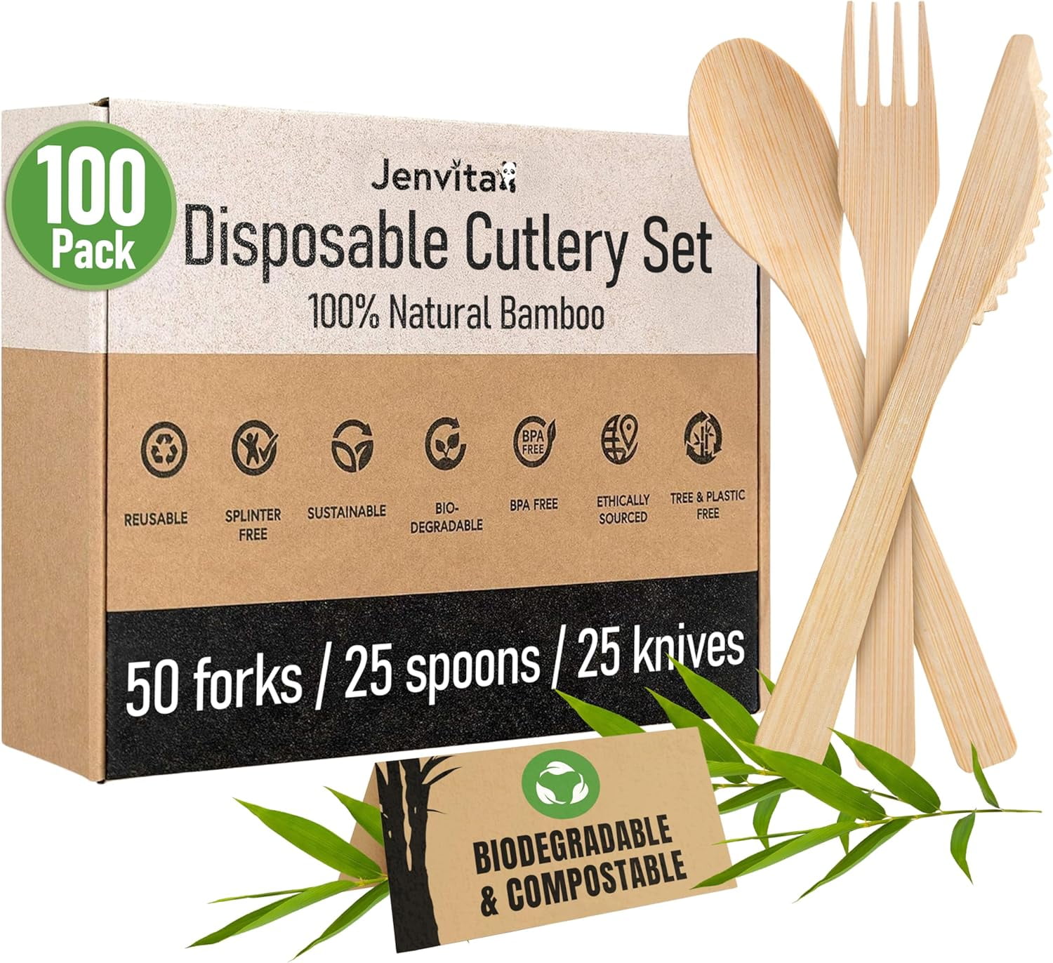 100% Bamboo Utensils Set - 100x Compostable Cutlery Set (50 Compostable ...