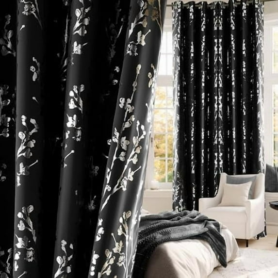 100% Black Out Curtains 63 inch Long 2 Panels, Grommet Branch Pattern ...