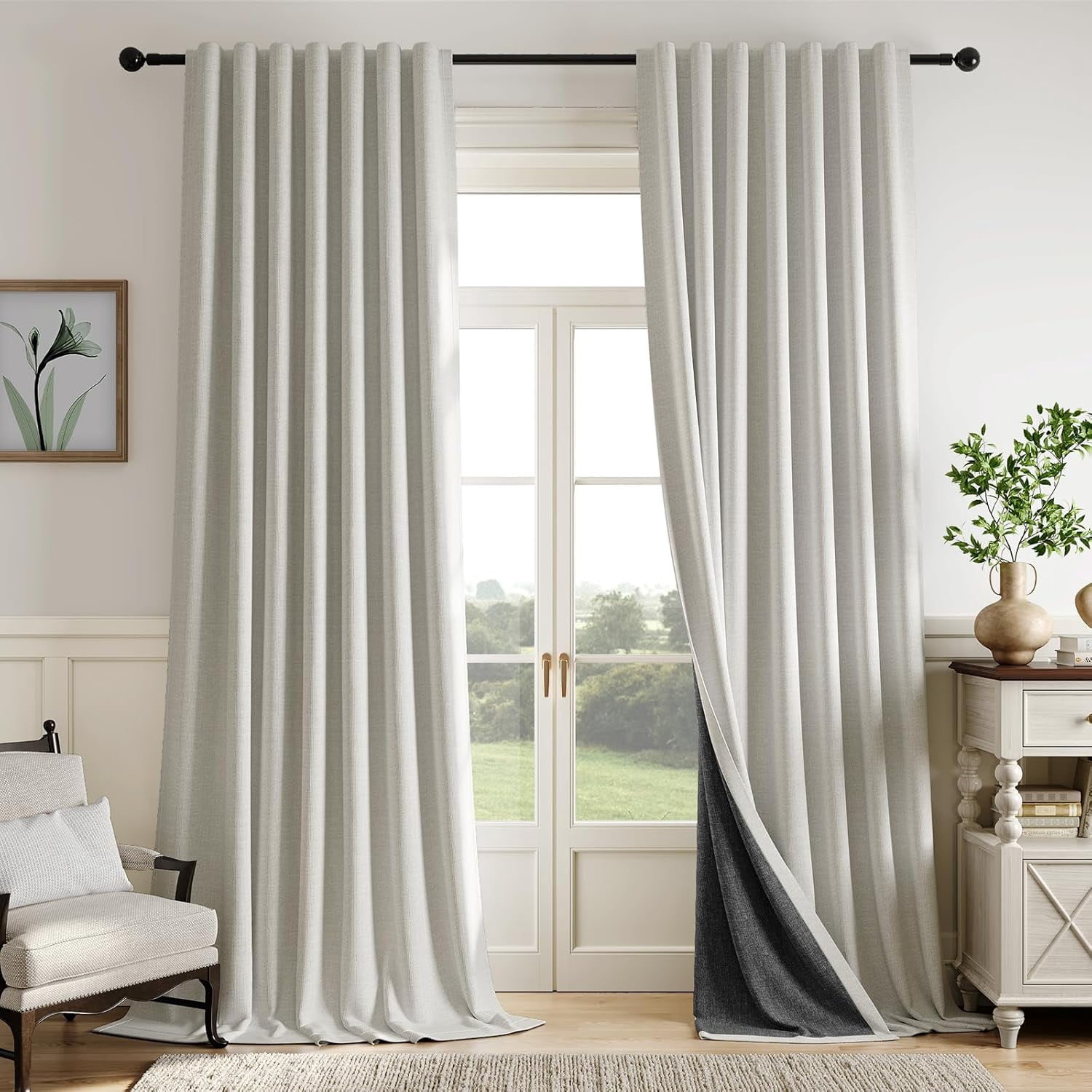 100% Blackout Back Tab/Rod Pocket Linen Curtains for Living Room, Linen ...