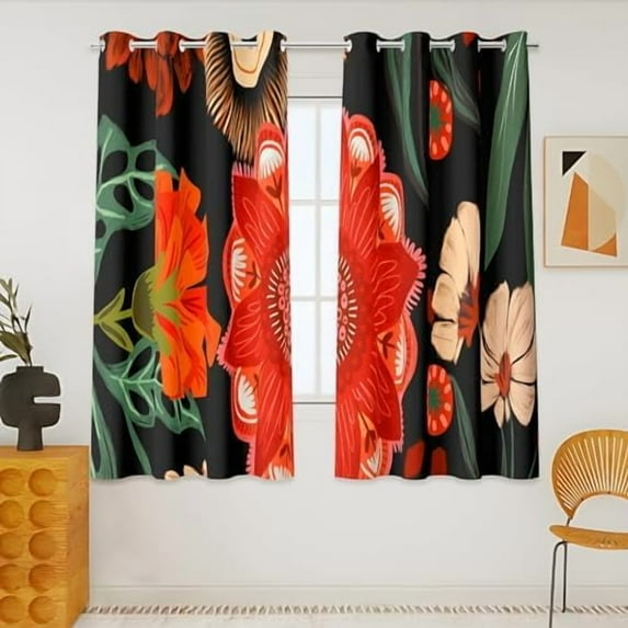 100% Blackout Black Boho Floral Curtains 45 Inch Long 2 Panels Mid ...