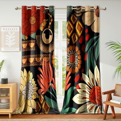 100% Blackout Black Boho Floral Curtains for Living Room 108 inch Extra ...