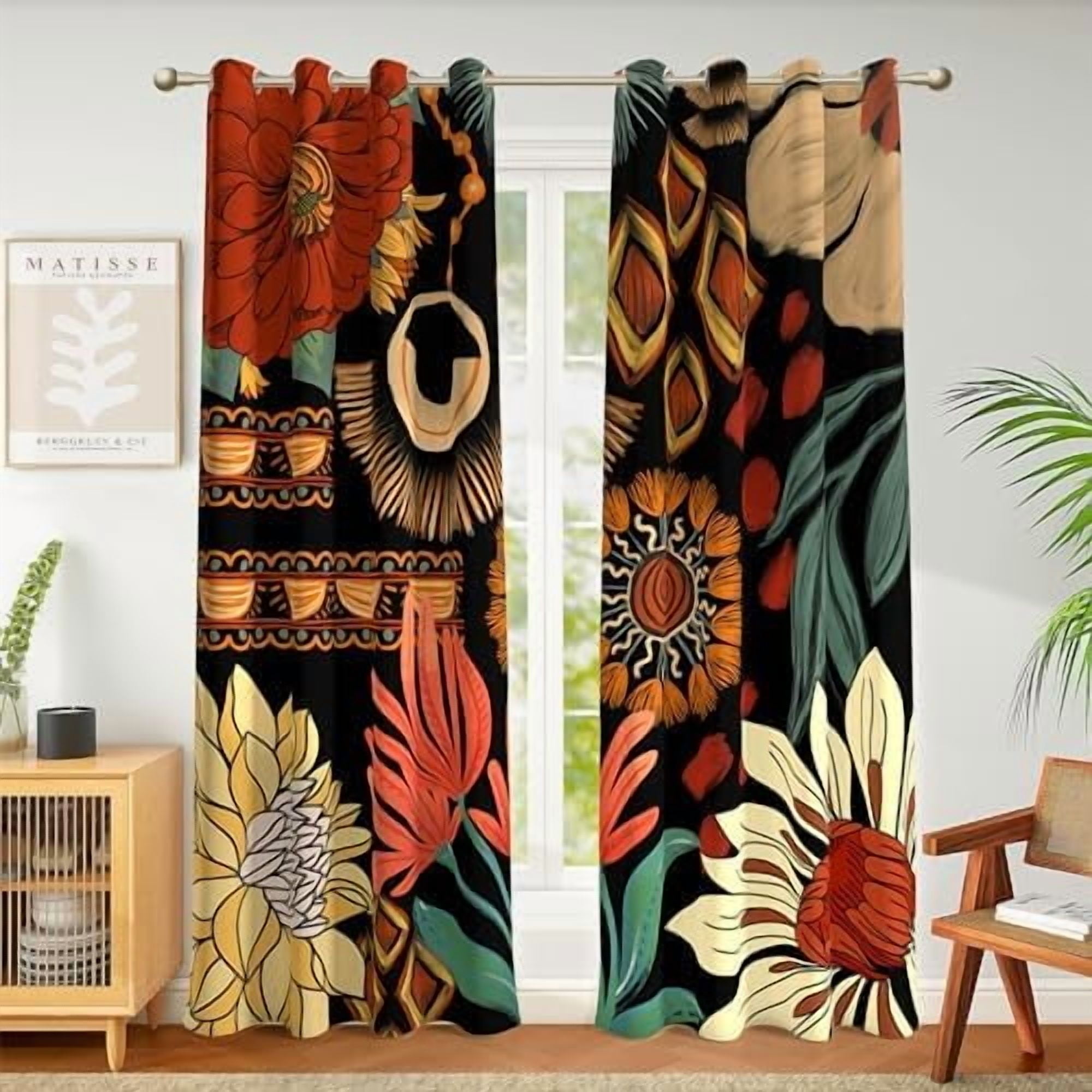 100% Blackout Black Boho Floral Curtains for Living Room 96 inch Long 2 ...