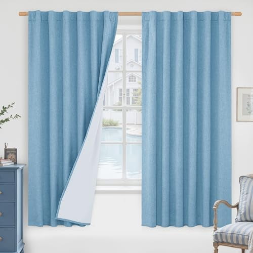 100% Blackout Blue Linen Curtains, 63 Inches Linen Textured Thermal ...