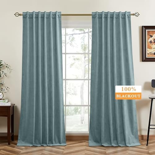 100% Blackout Blue Velvet Curtains 84 inches, Back Tab Thermal ...