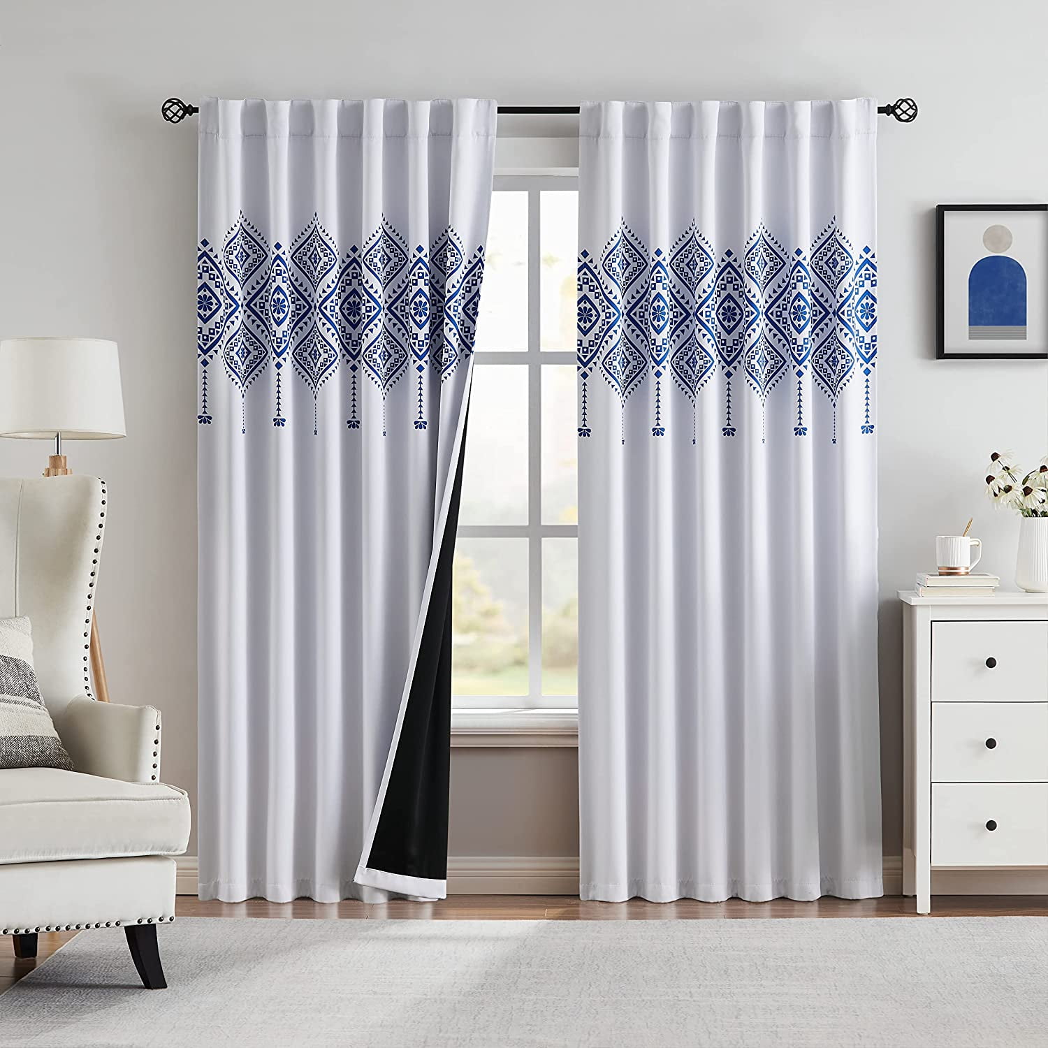 100% Blackout Boho Curtains Long for Bedroom, Blue Aztec Patterned ...