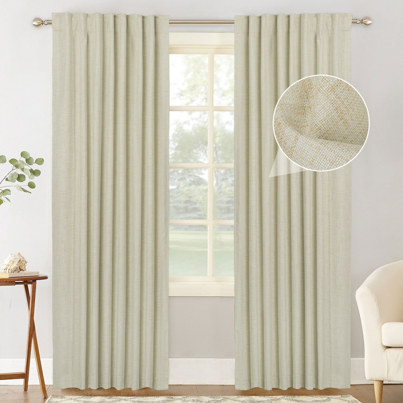 100% Blackout Curtains 2 Panels Set, Machine Washable, Tab Top, Linen ...