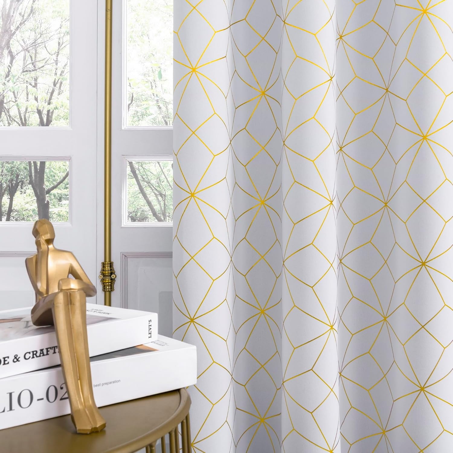 96 Inch White and Gold Moroccan Pattern Blackout Curtains, Thermal ...