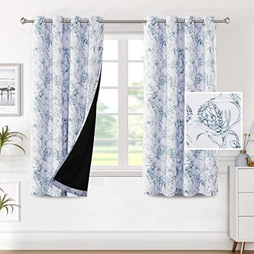 100% Blackout Curtains for Bedroom Camellia Floral Blackout Curtains 63 ...