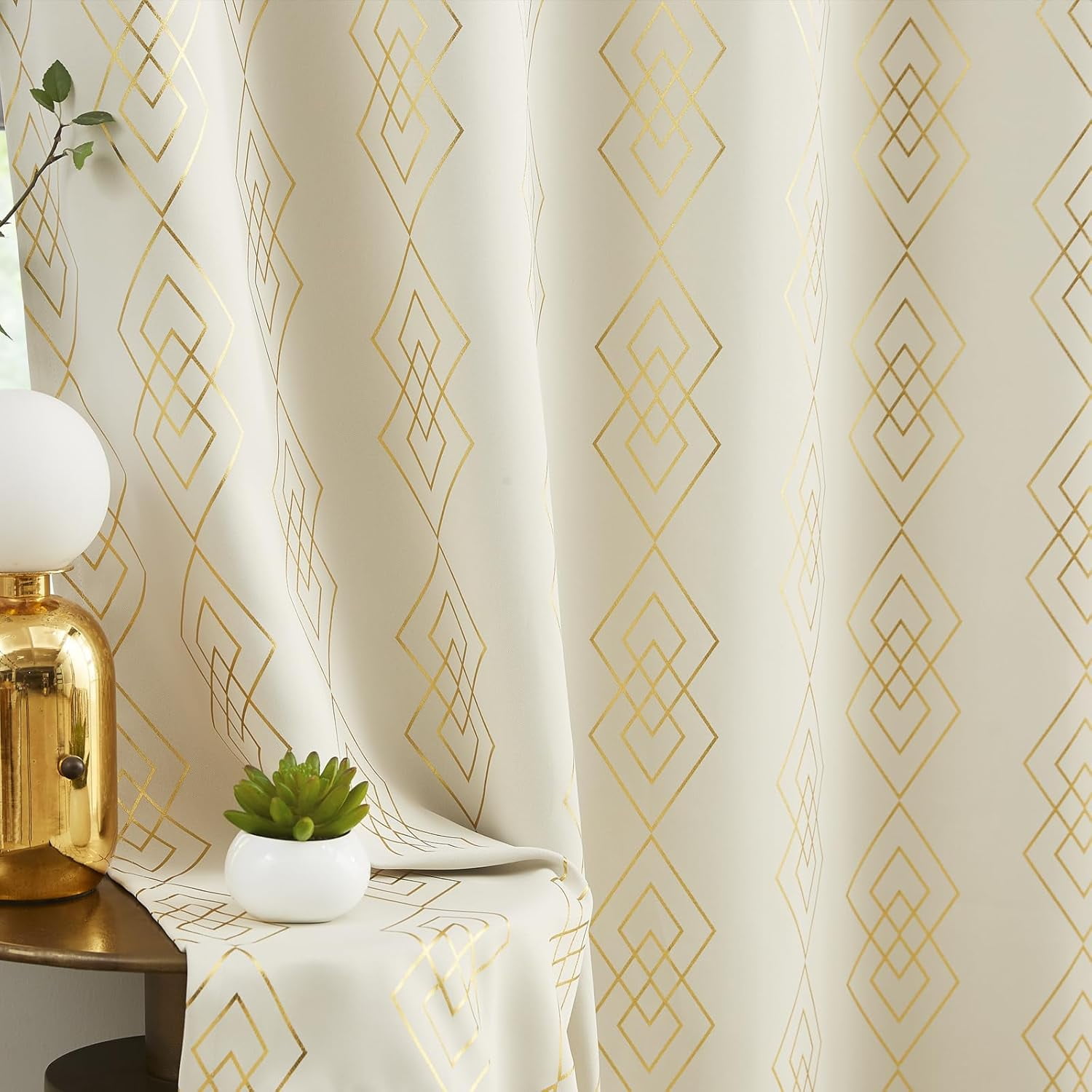100% Blackout Curtains for Bedroom, Gold on Beige Metallic Geometric ...