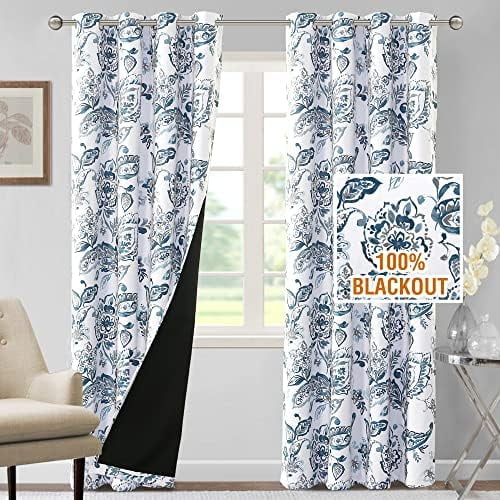 100% Blackout Curtains for Bedroom Paisley Floral Printed Curtains 84 ...