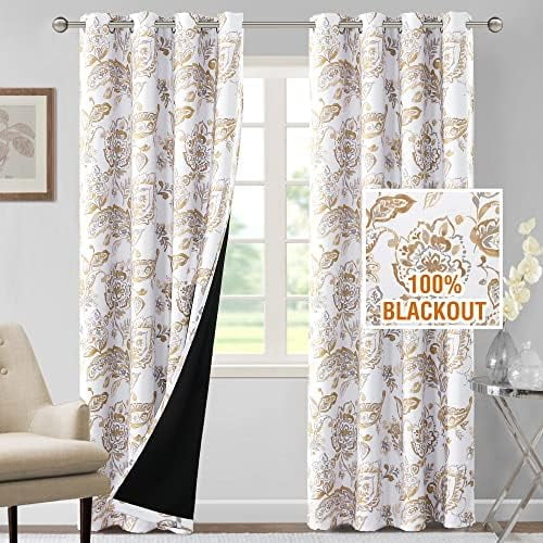 100% Blackout Curtains for Bedroom Paisley Floral Printed Curtains 84 ...