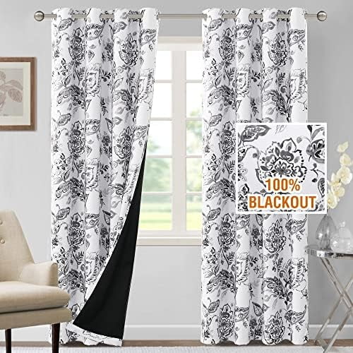 100% Blackout Curtains for Bedroom Paisley Floral Printed Curtains 84 ...