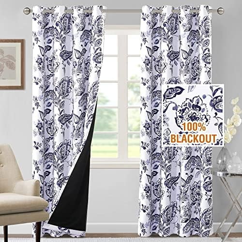 100% Blackout Curtains for Bedroom Paisley Floral Printed Curtains 96 ...