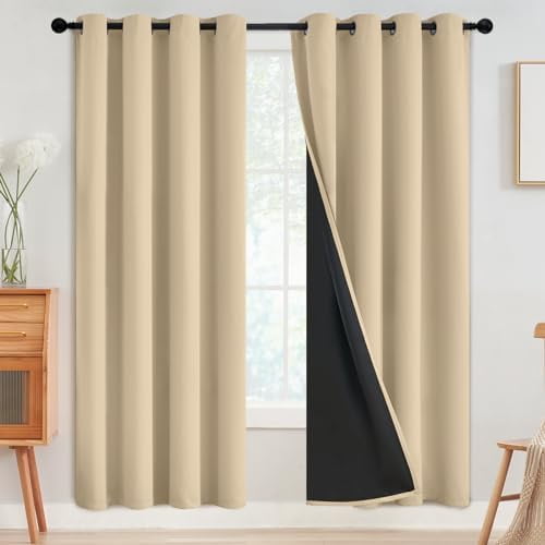 100% Blackout Curtains for Bedroom,Thermal Insulated Beige Grommet ...