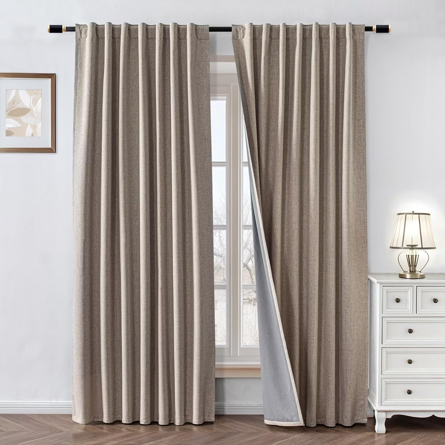 100% Blackout Faux Linen Curtains 96 Inch Length 2 Panels - Thermal ...