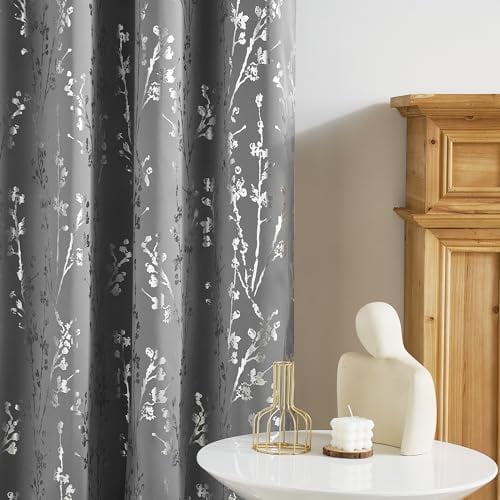 100% Blackout Grey Curtains for Bedroom, Grommet Floral Foil Printed ...