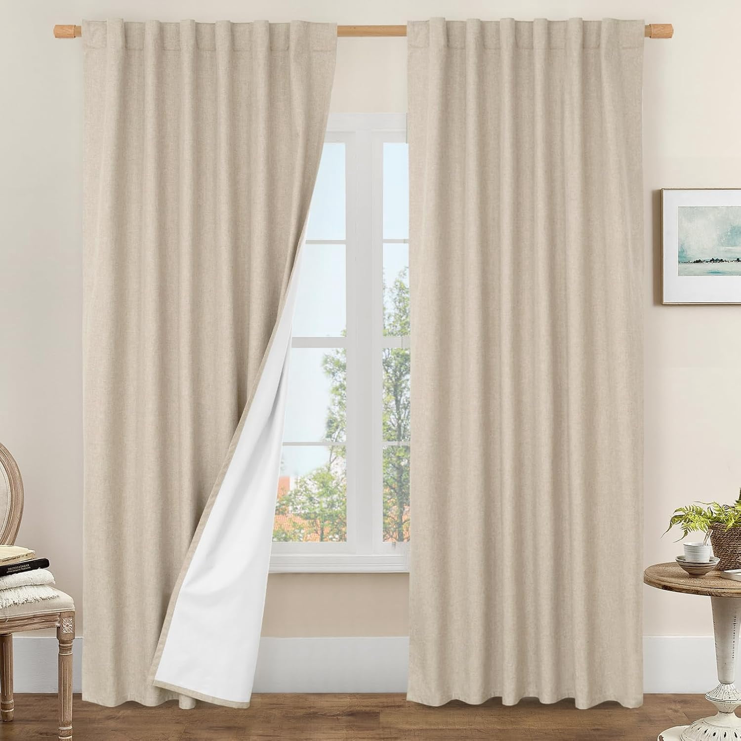 100% Blackout Linen Curtains, 84 Inch Linen Textured Living Room ...